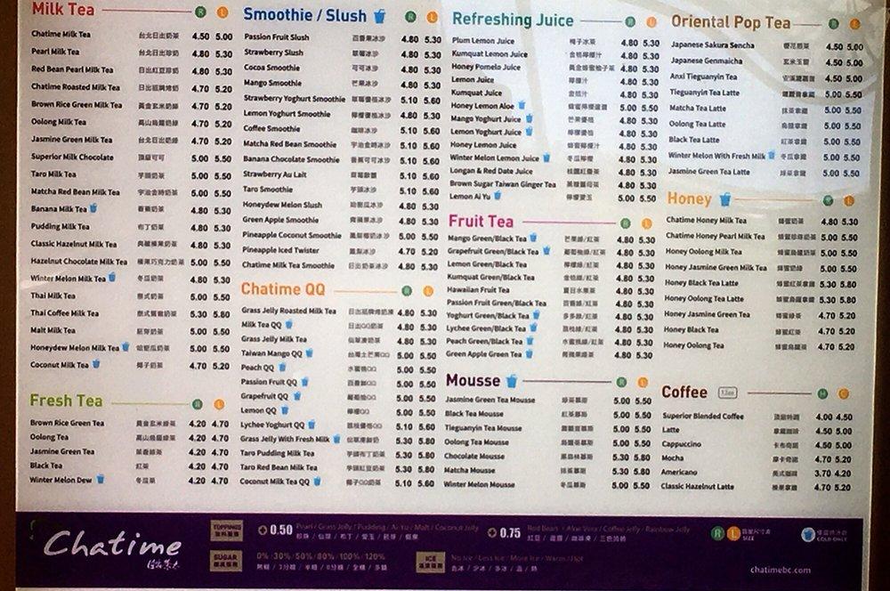 Menu at Chatime cafe, Burnaby, -4700 Kingsway