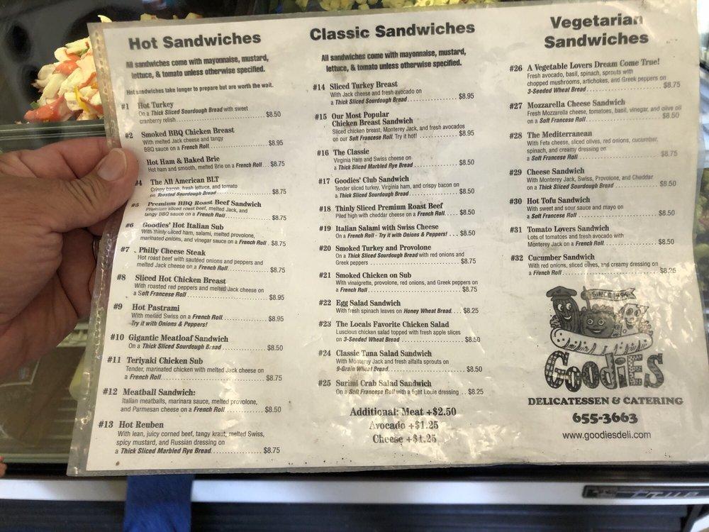 Menu at Goodie's Delicatessen restaurant, Pacific Grove