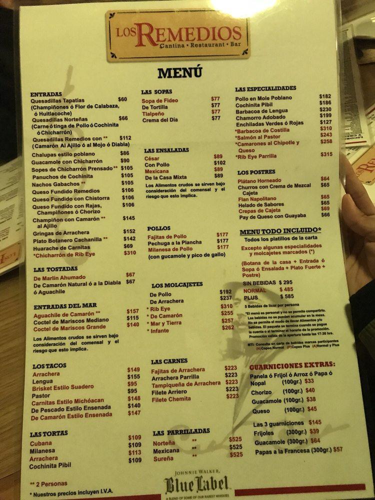 Carta del pub y bar Los Remedios Tijuana, Tijuana, Av. Diego Rivera 2479