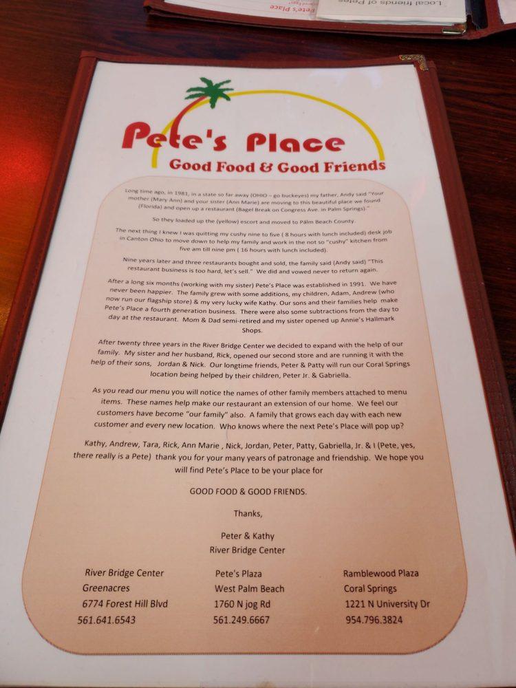 Menu at Pete's Place restaurant, West Palm Beach, N Jog Rd
