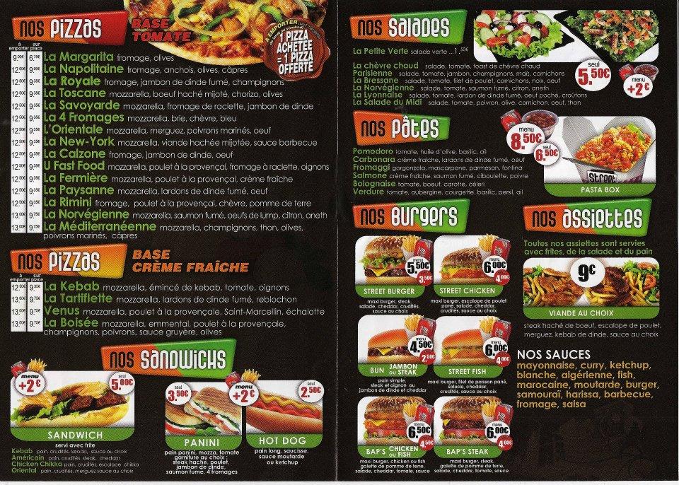 Menu au Street Fast Food, Lyon