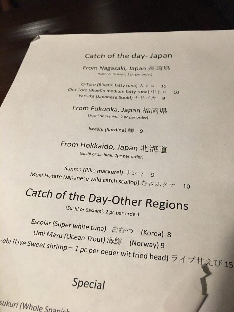Menu at Sushi Hiro restaurant, Las Vegas