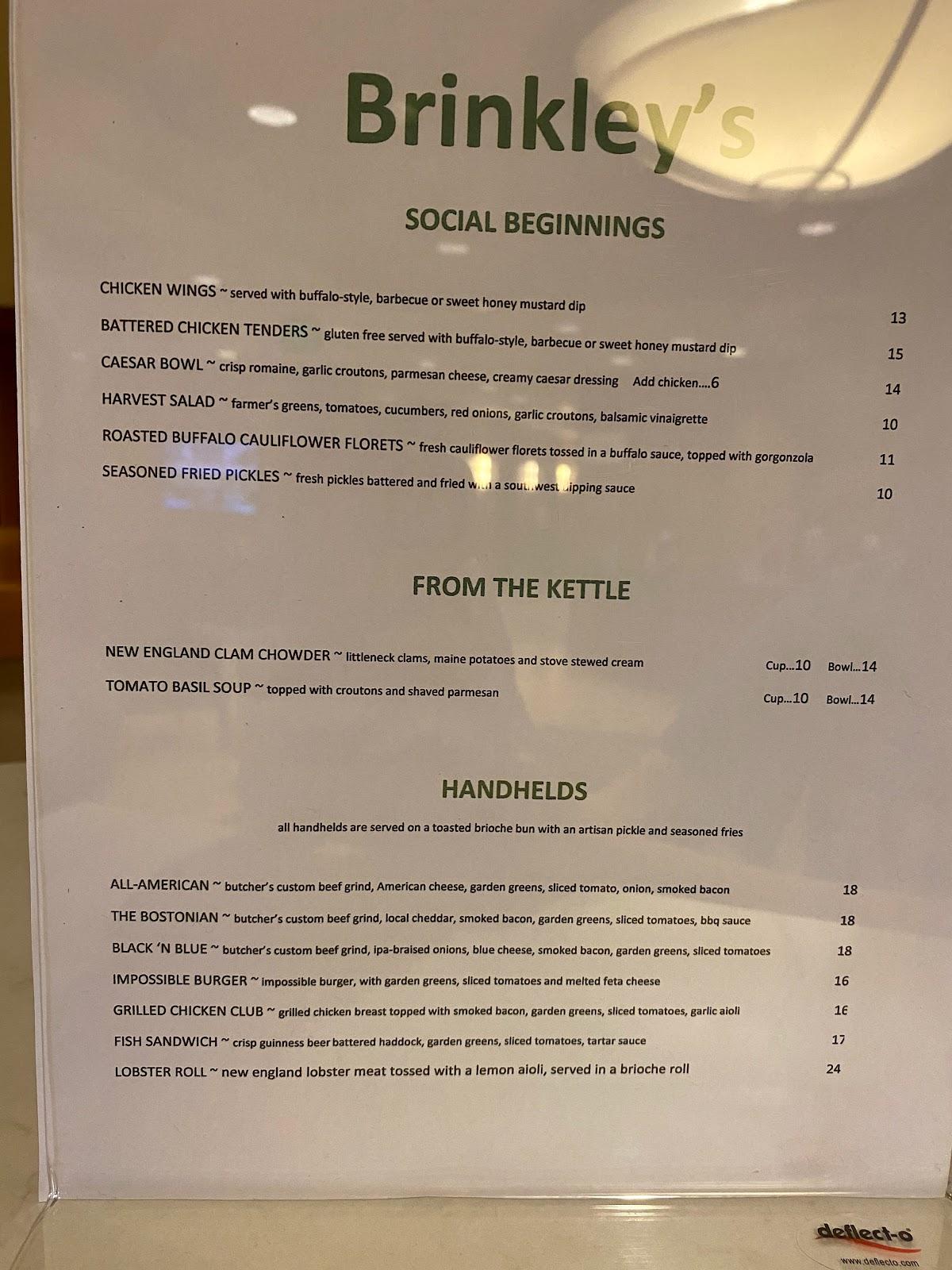Menu at Brinkleys Restaurant & Pub, Boston