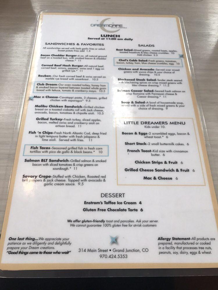 Menu at Dream Cafe, Grand Junction