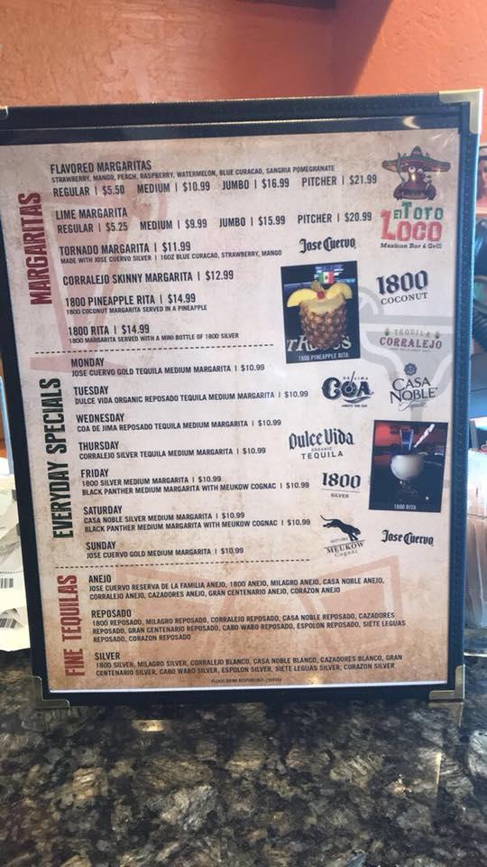 Menu at El Toro Loco restaurant, Memphis, Poplar Ave