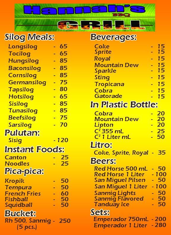 Carta de Hannah Bbq Grill Cebu City, Cebú