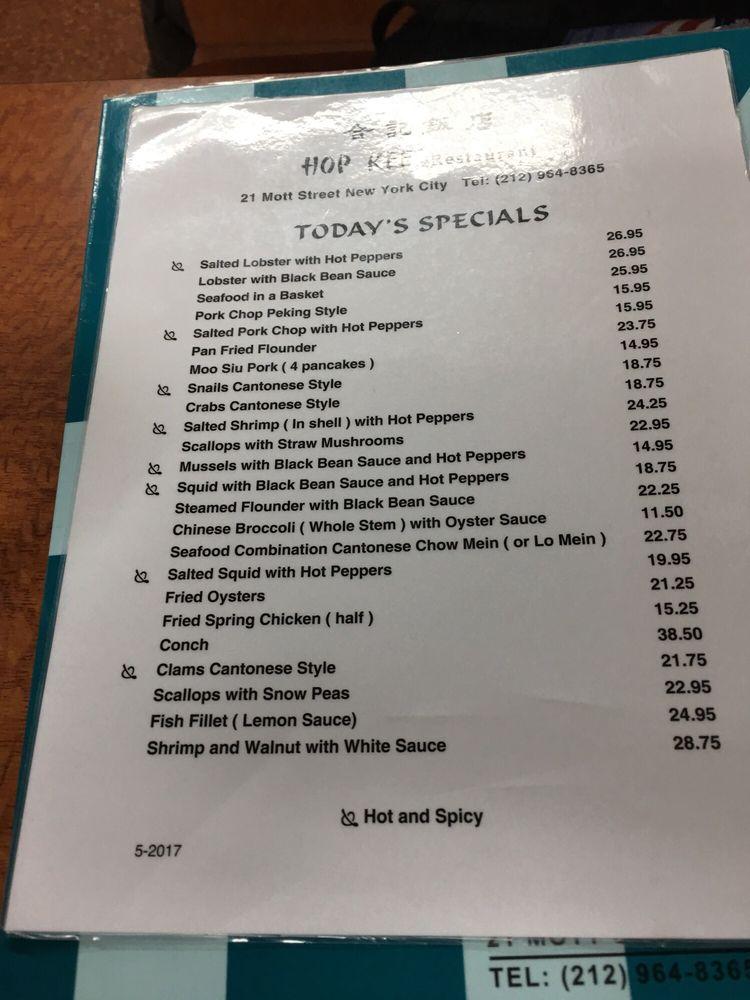 Menu at Hop Kee Restaurant, New York City