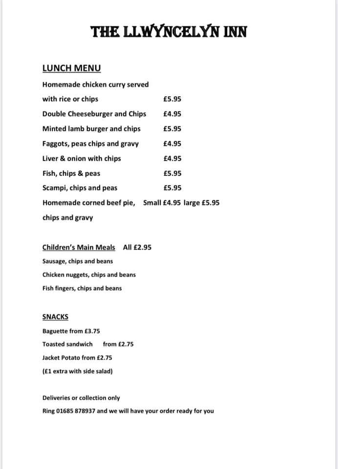 Menu at The Llwyncelyn Inn pub & bar, Aberdare