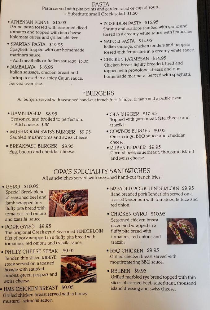 Menu at OPA! Grill Mediterranean American Restaurant, Marshalltown