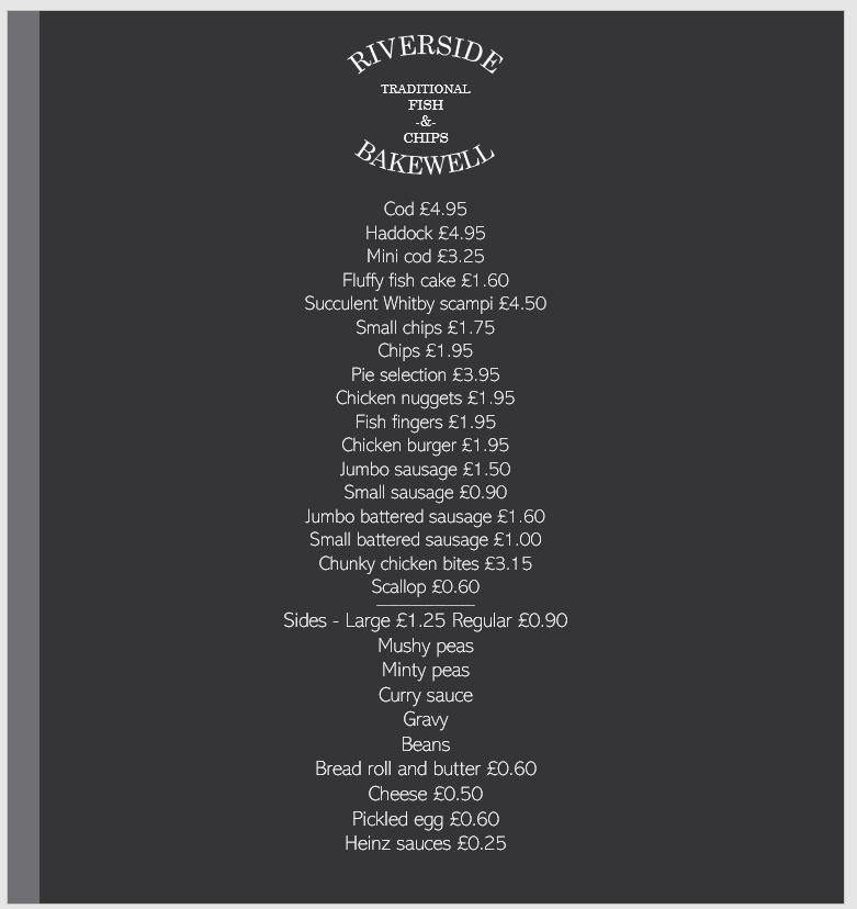 Menu at Riverside Traditional Fish And Chips Bakewell restaurant, Bakewell