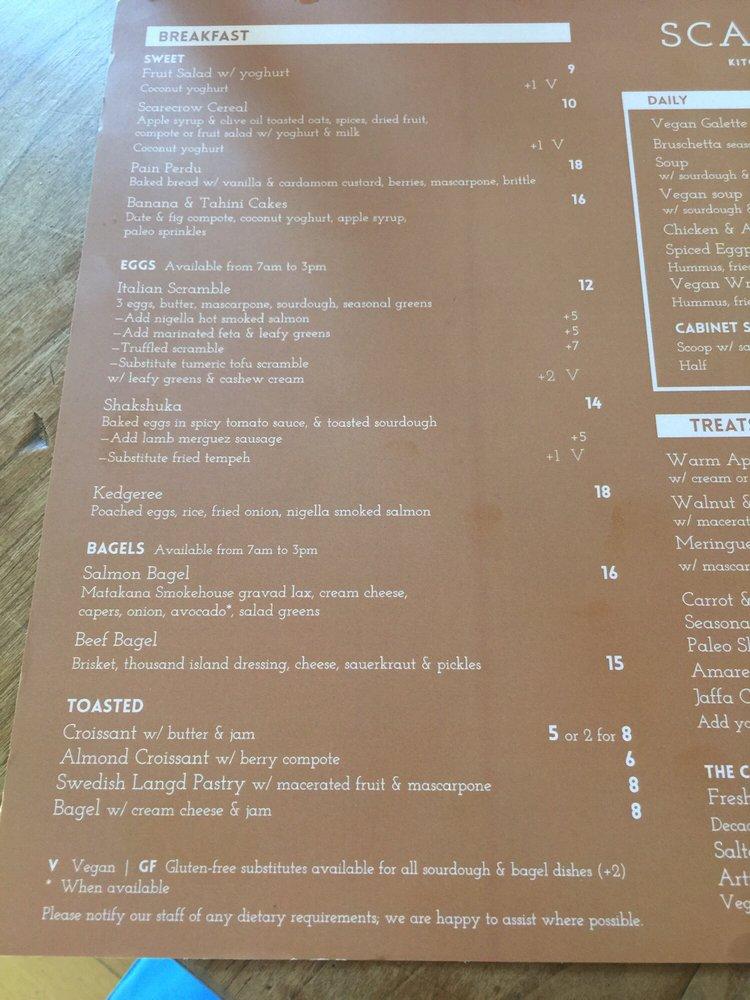 Menu at Scarecrow cafe, Auckland, 33 Victoria St E