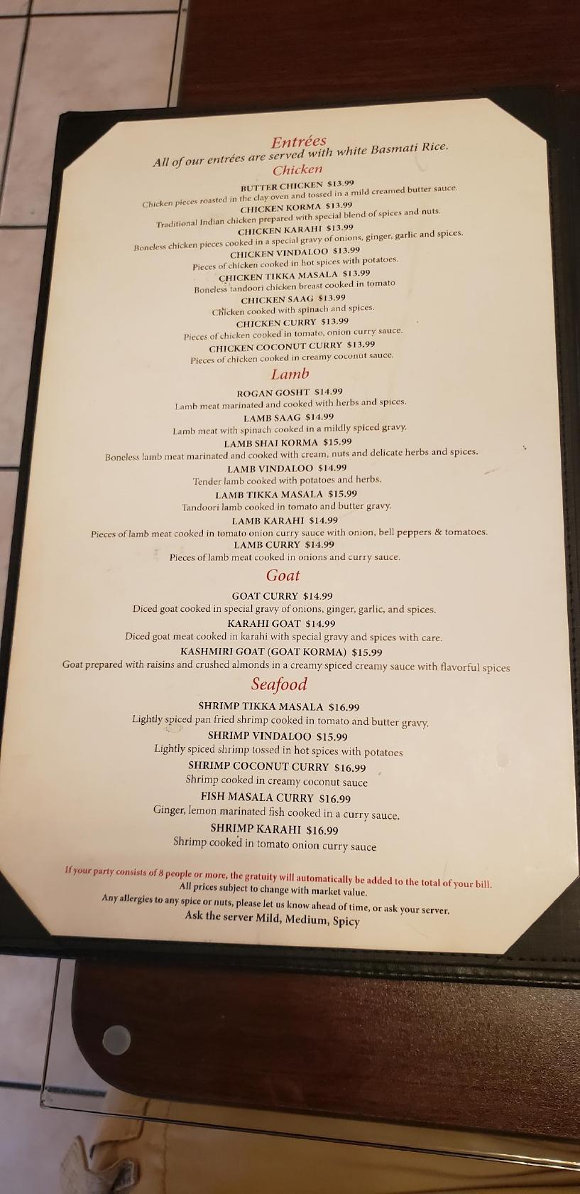 Menu at Spice of India restaurant, Hesperia