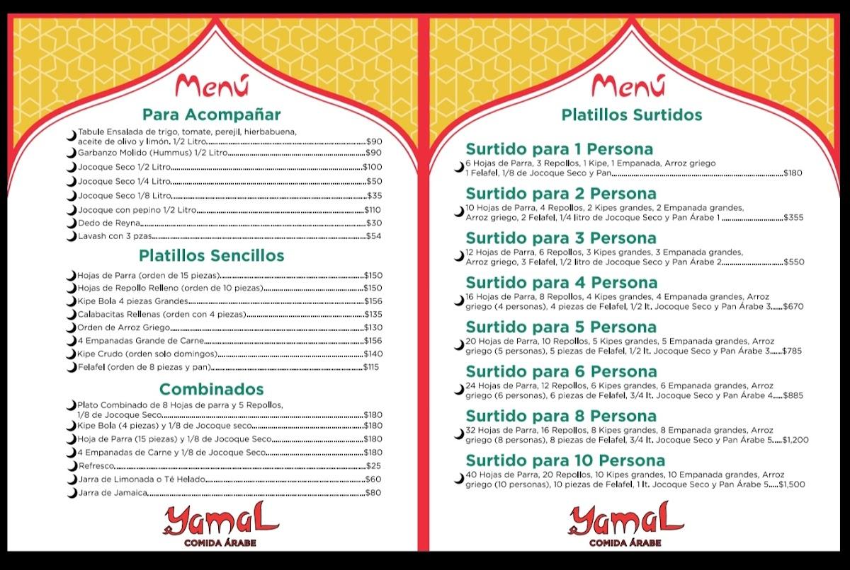 Carta del restaurante Yamal Comida Árabe Valle, San Pedro Garza García
