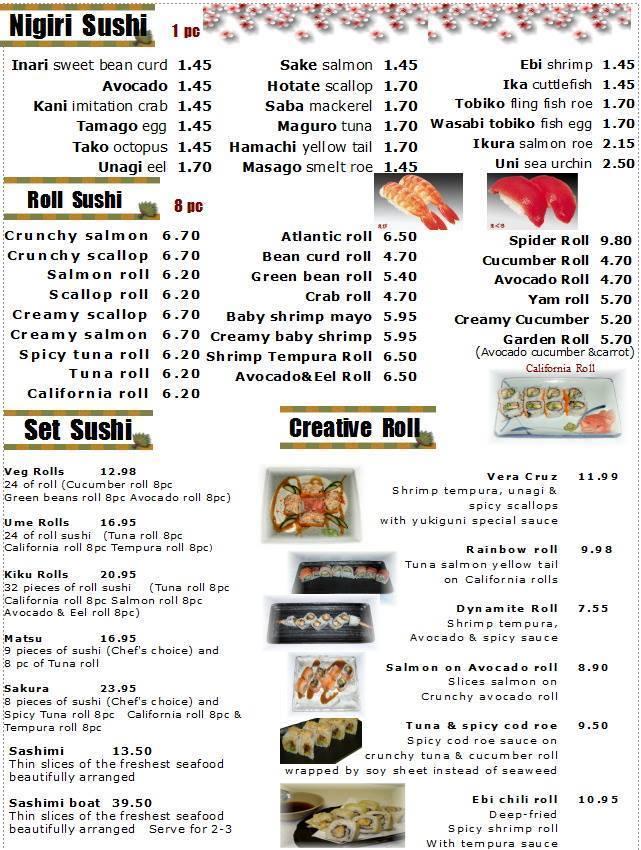 Menu at Yukiguni II restaurant, Fort Erie
