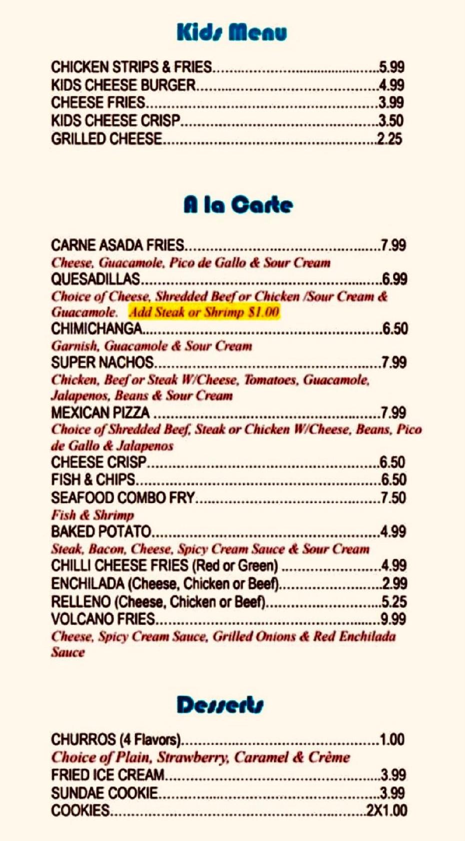 Menu at Bandido's Mexican Food restaurant, Show Low