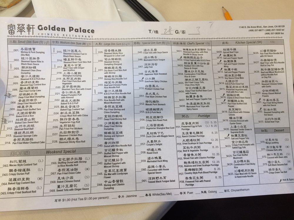 Menu at Golden Palace Restaurant, San Jose
