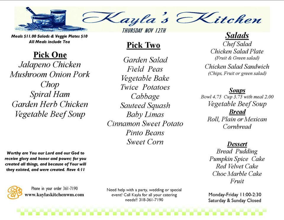 Menu at Kayla's Kitchen restaurant, West Monroe