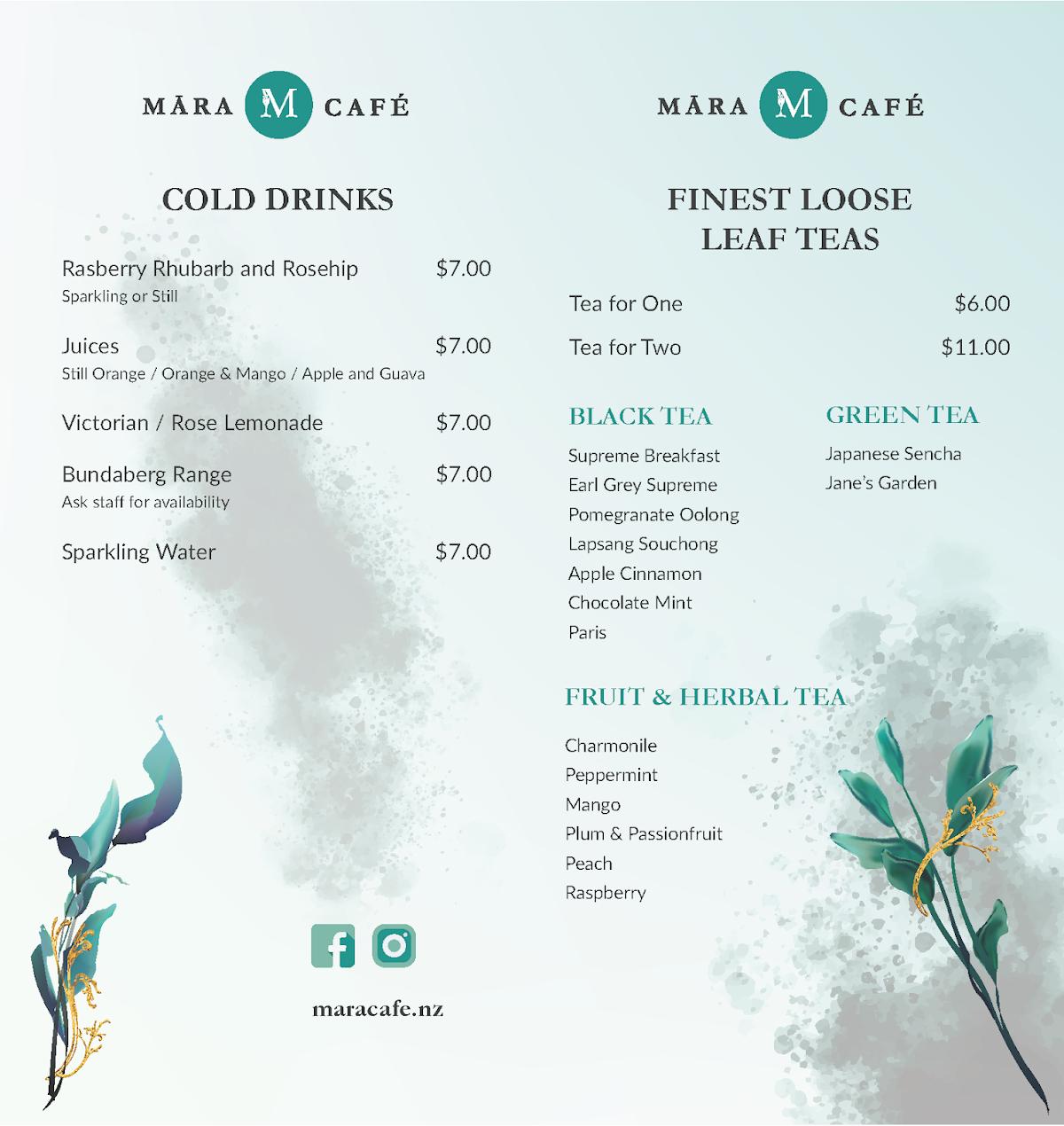 Menu at Māra Café cafe, Christchurch
