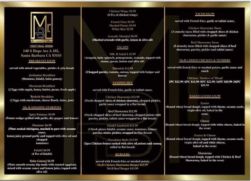 Menu at Mr B Restaurant & Cafe, Santa Barbara, 140 S Hope Ave Ste A102