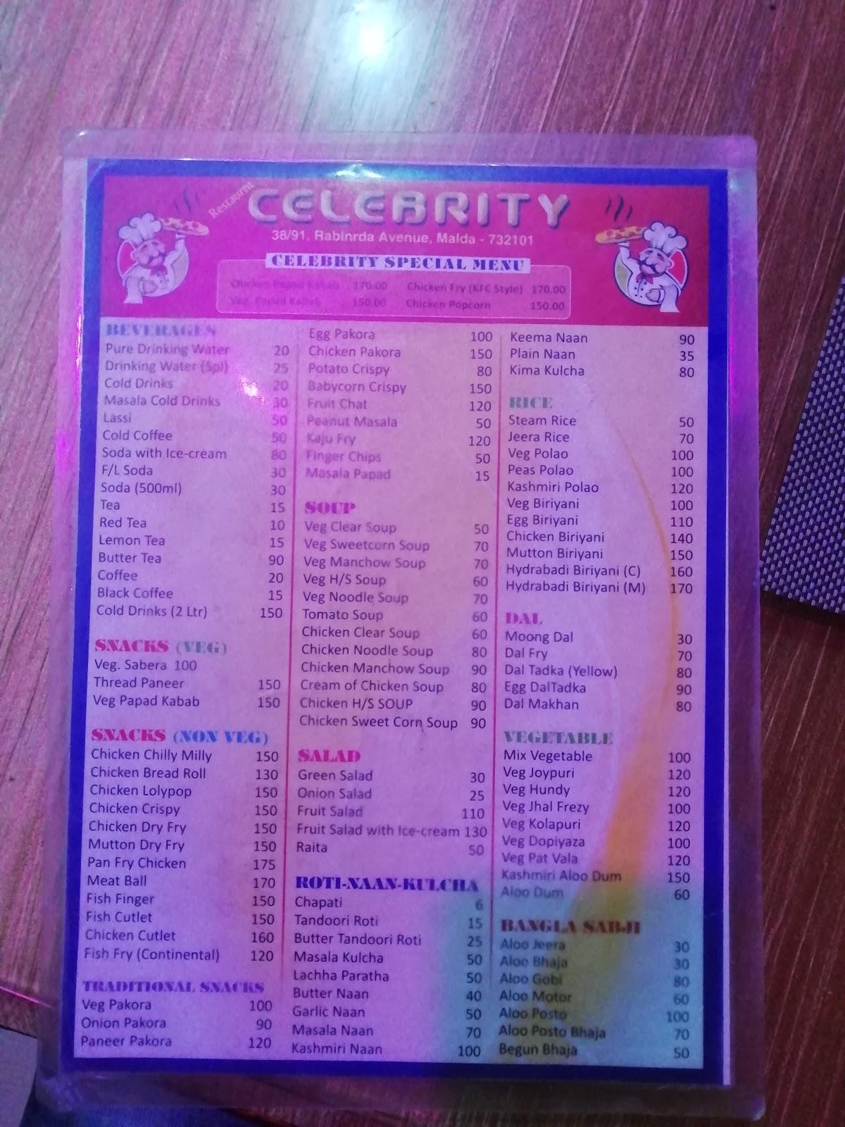 Menu at Celebrity Restaurant & Banquet Hall, Malda, Rabindra Ave