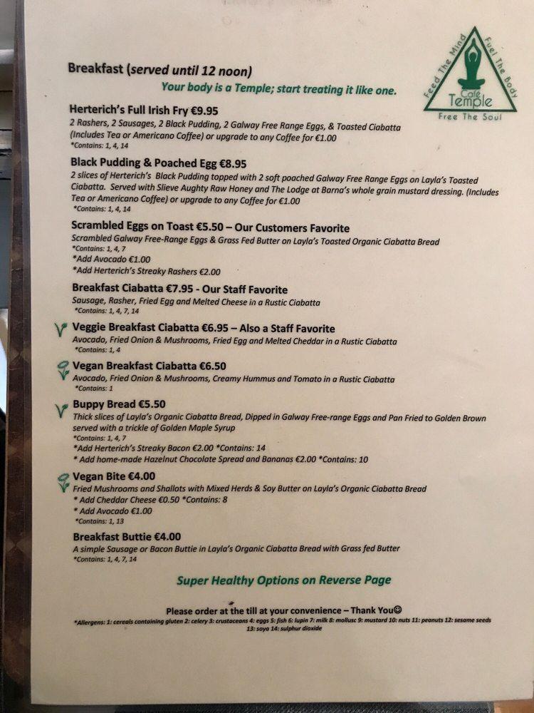 Menu at Temple Cafe, Galway