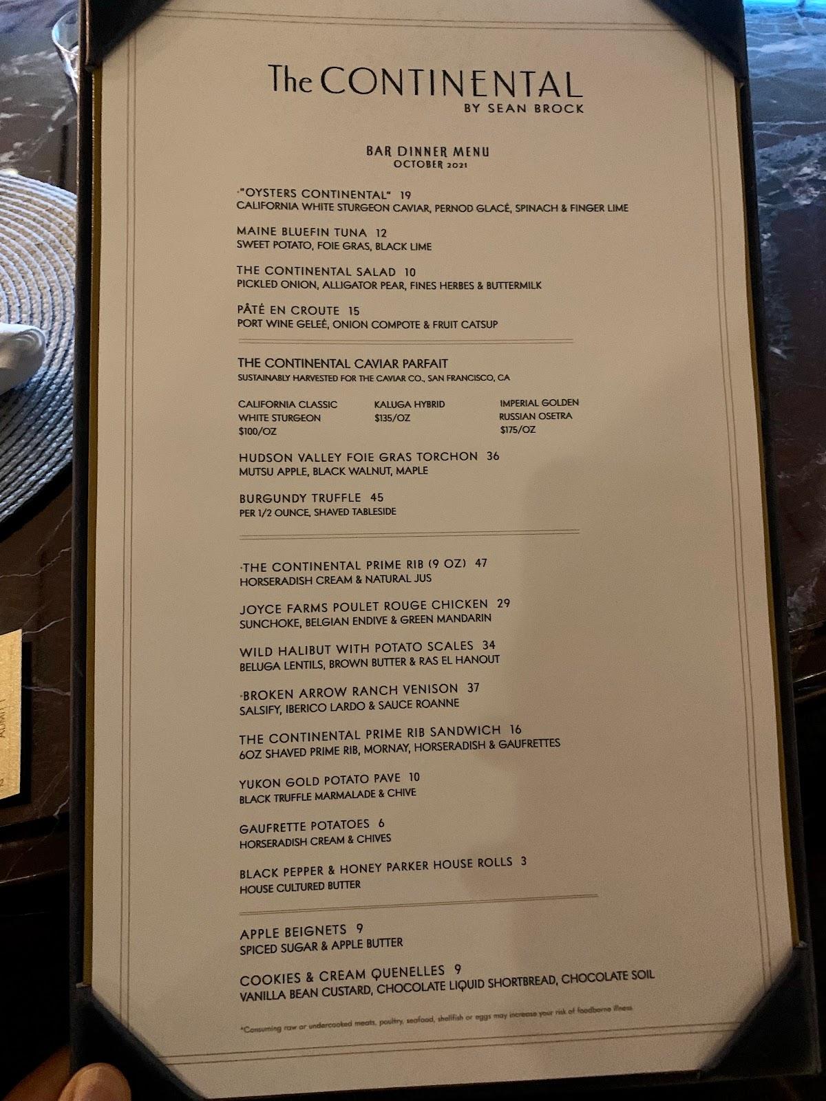 Menu at Bar Continental, Nashville