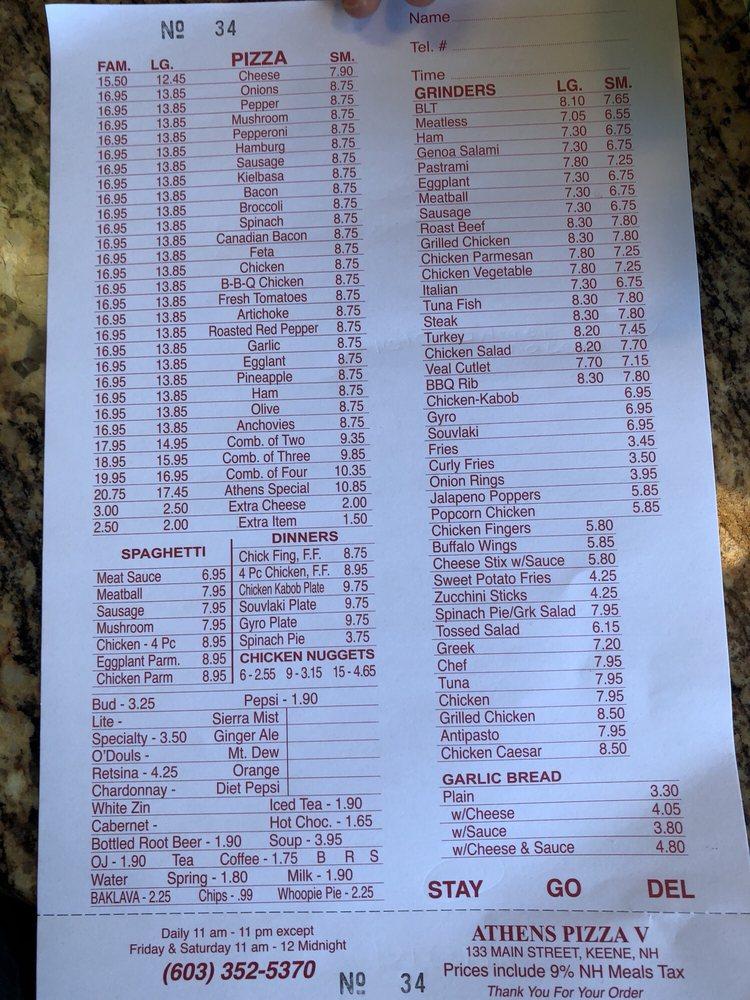 Menu at Athens Pizza & Family Restaurant, Keene