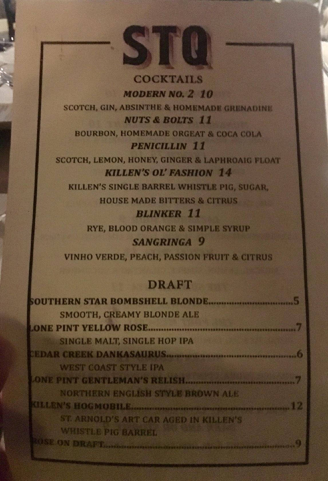 Menu at Killen's STQ steakhouse, Houston