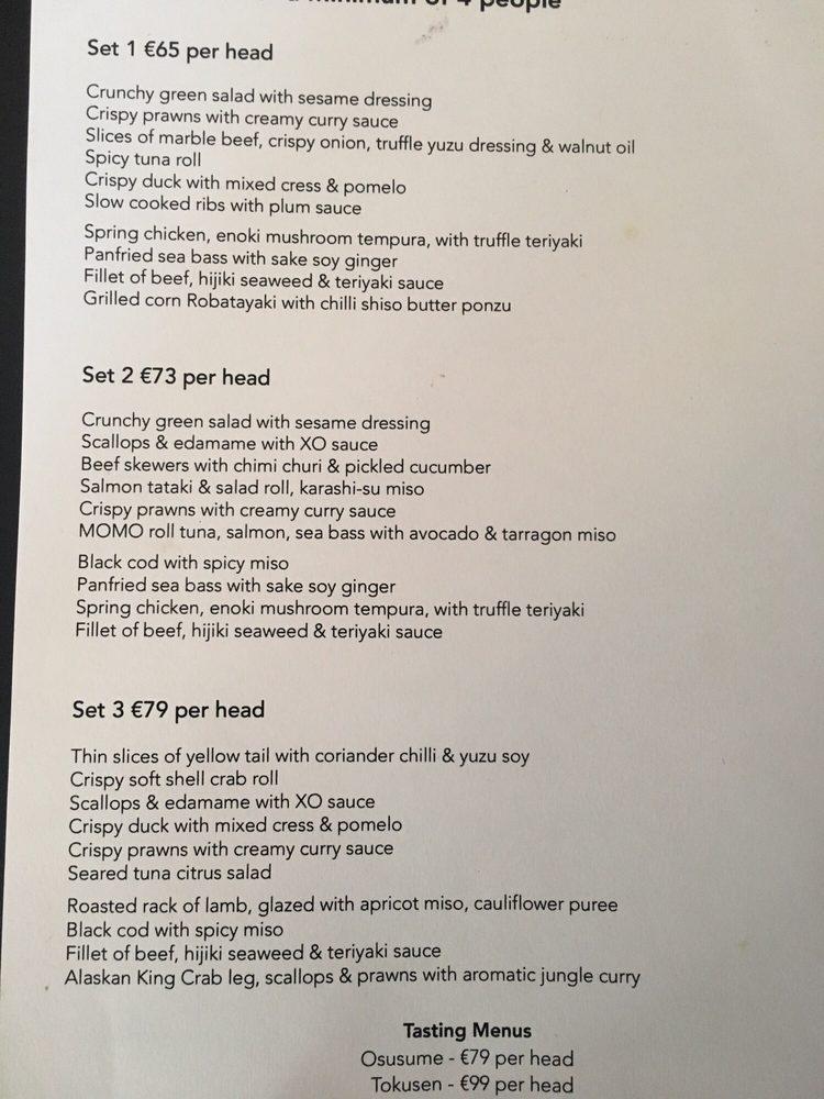 Menu at MOMO, Amsterdam