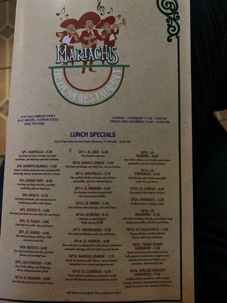 Menu at Mariachi's Mexican Grill restaurant, Gulf Breeze