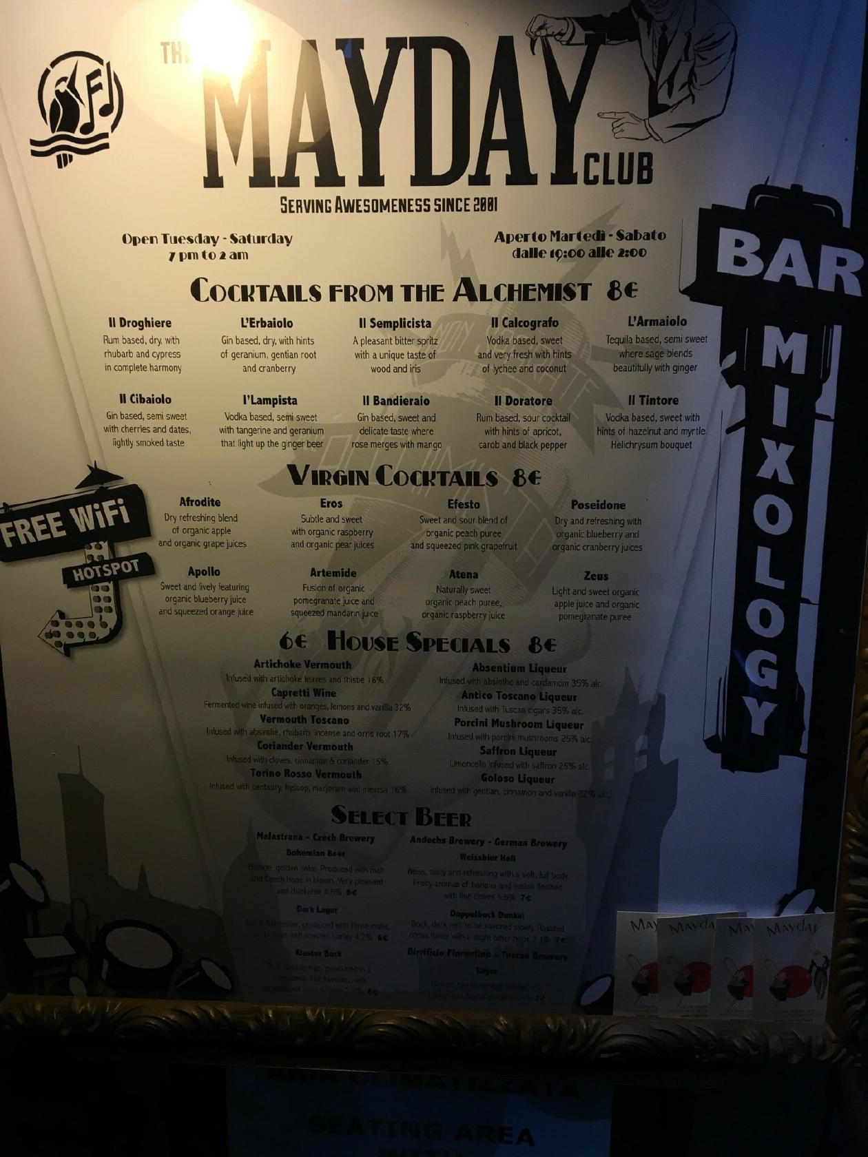 Menu at Mayday Club, Florence