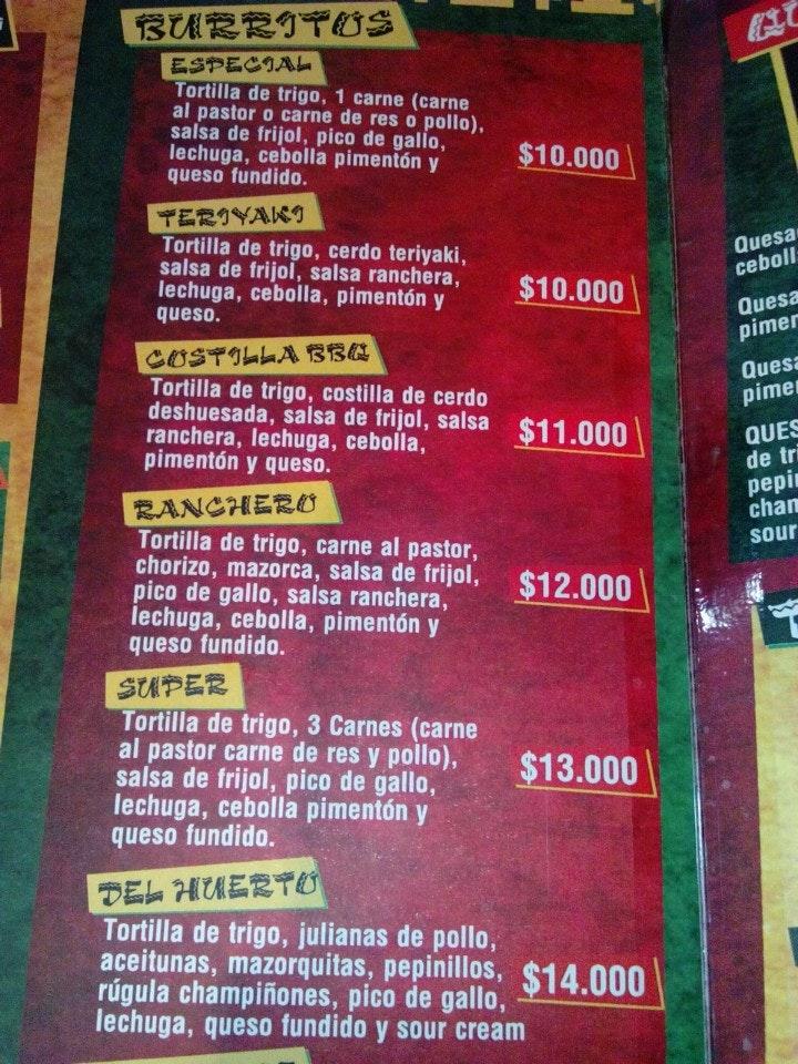 Menu at Que Taco restaurant, Bogotá