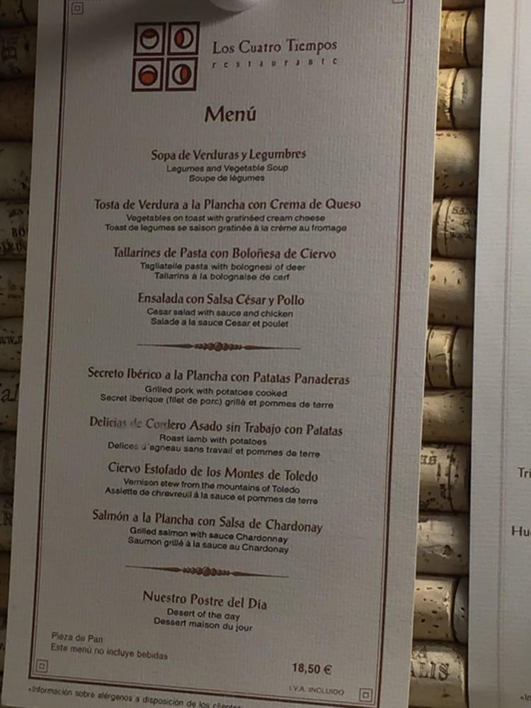 Carta de Restaurante Los Cuatro Tiempos, Toledo