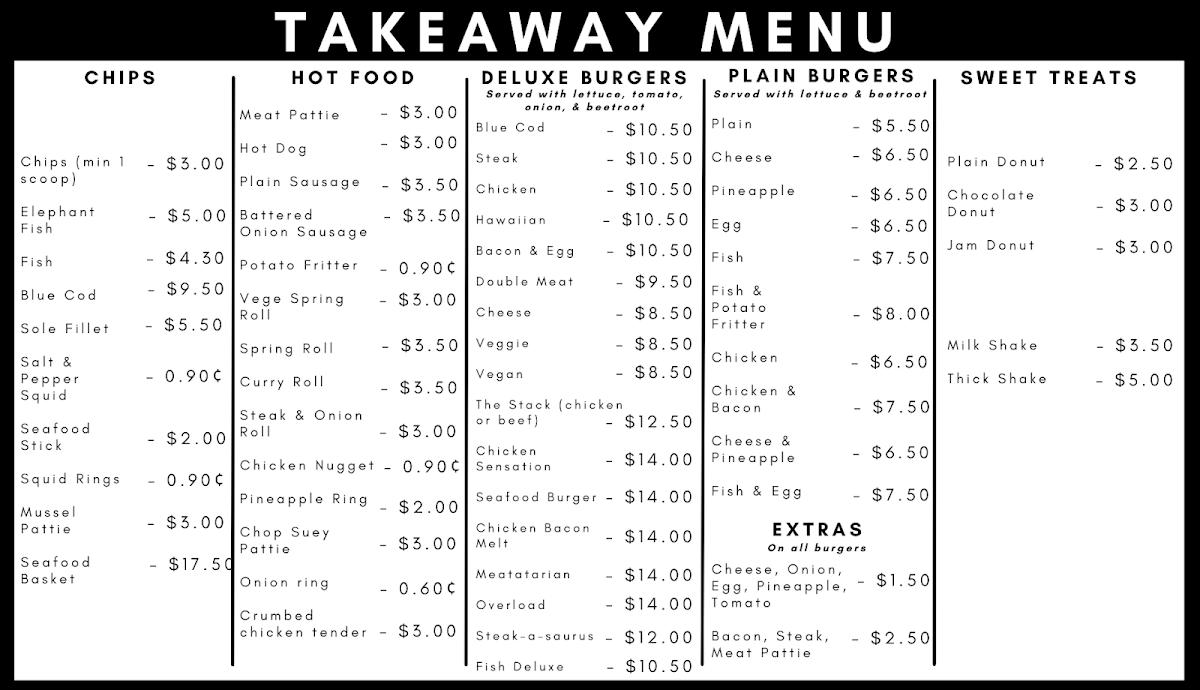 Menu at Takeaways on Marlow restaurant, Dunedin