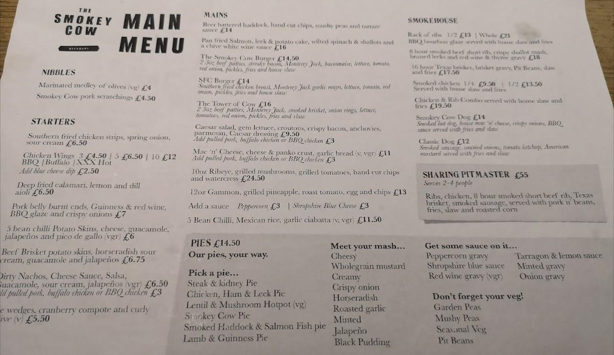 Menu at The Smokey cow restaurant, Beckbury
