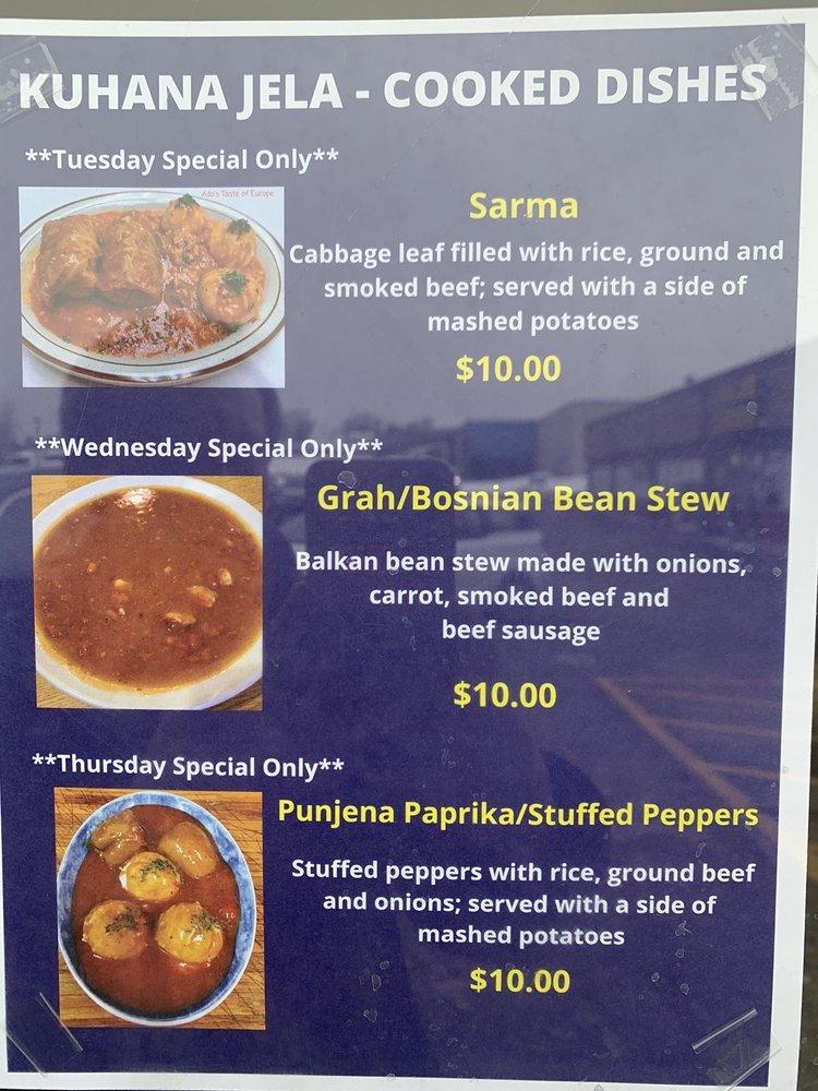 Menu at Ado's Taste of Europe restaurant, Dubuque