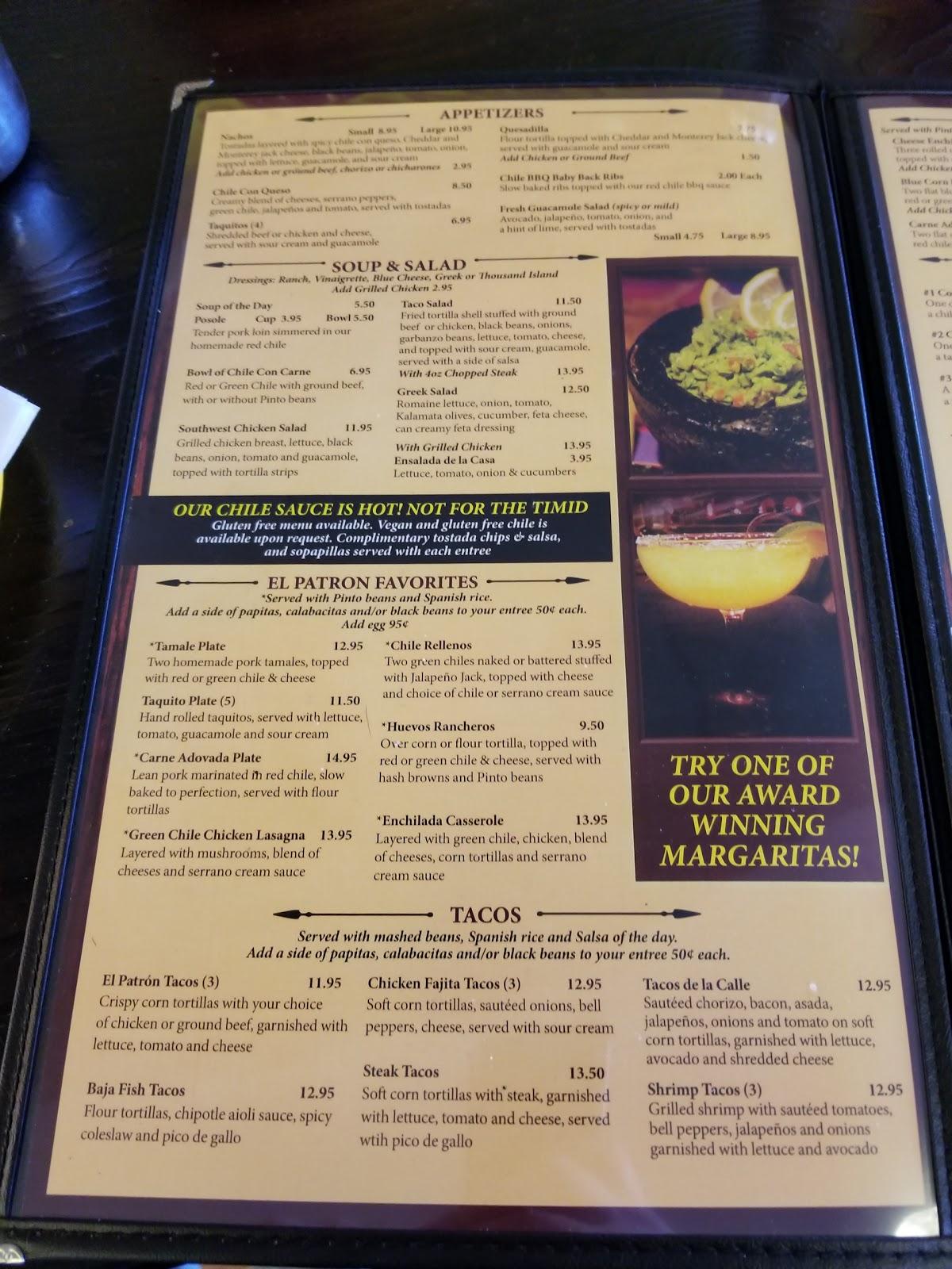 Menu at El Patron North restaurant, Albuquerque