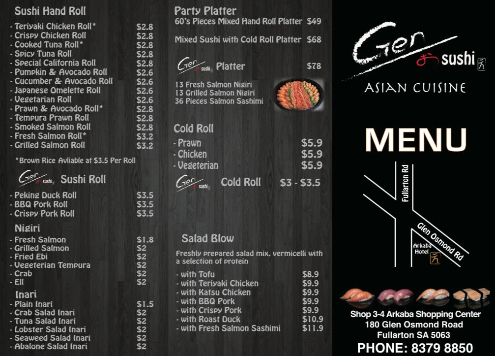 Menu at Gen Sushi restaurant, Fullarton