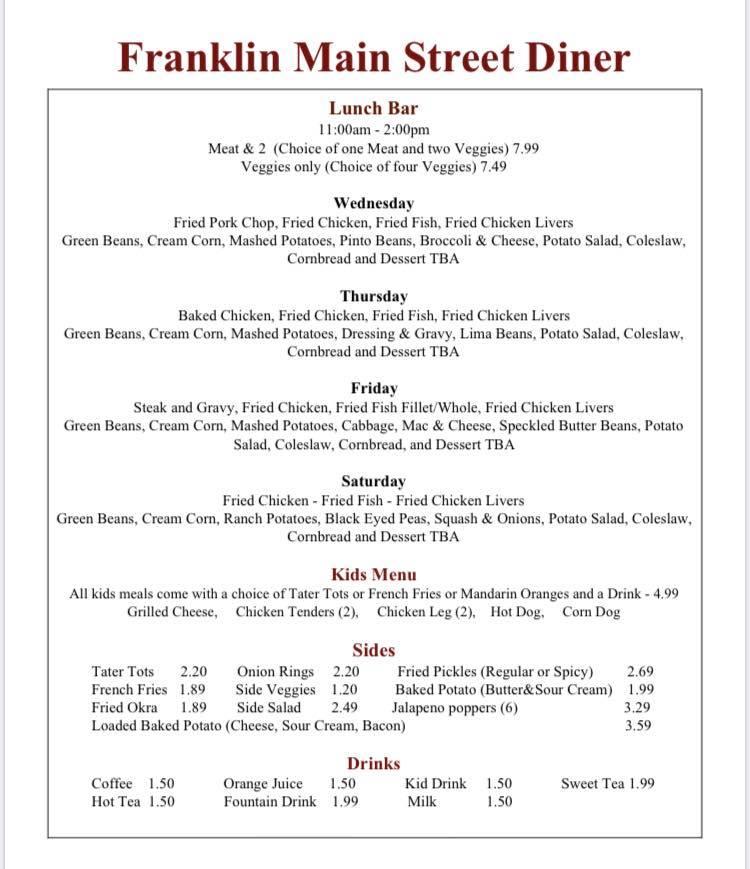 Menu at Main Street Diner restaurant, Franklin