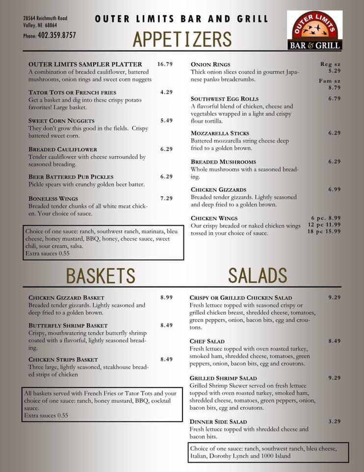 Menu at Outer Limits pub & bar, Valley