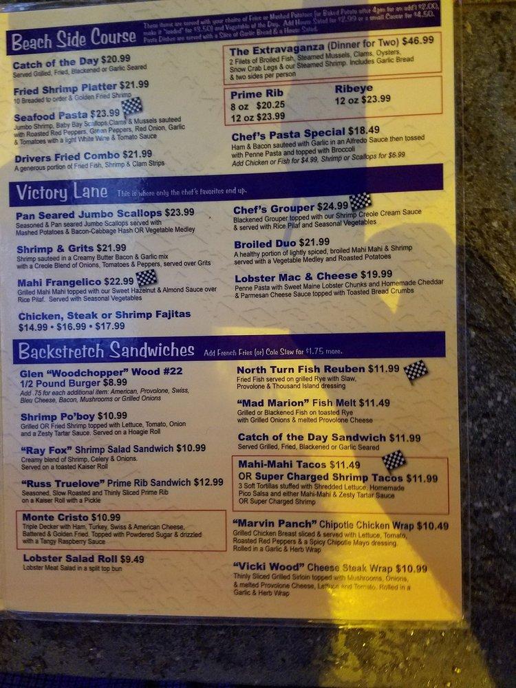 Menu at Racing's North Turn restaurant, Ponce Inlet
