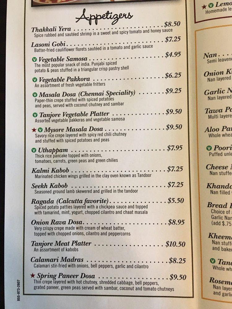 Carta del restaurante Tanjore Cuisine Of India, Fishkill