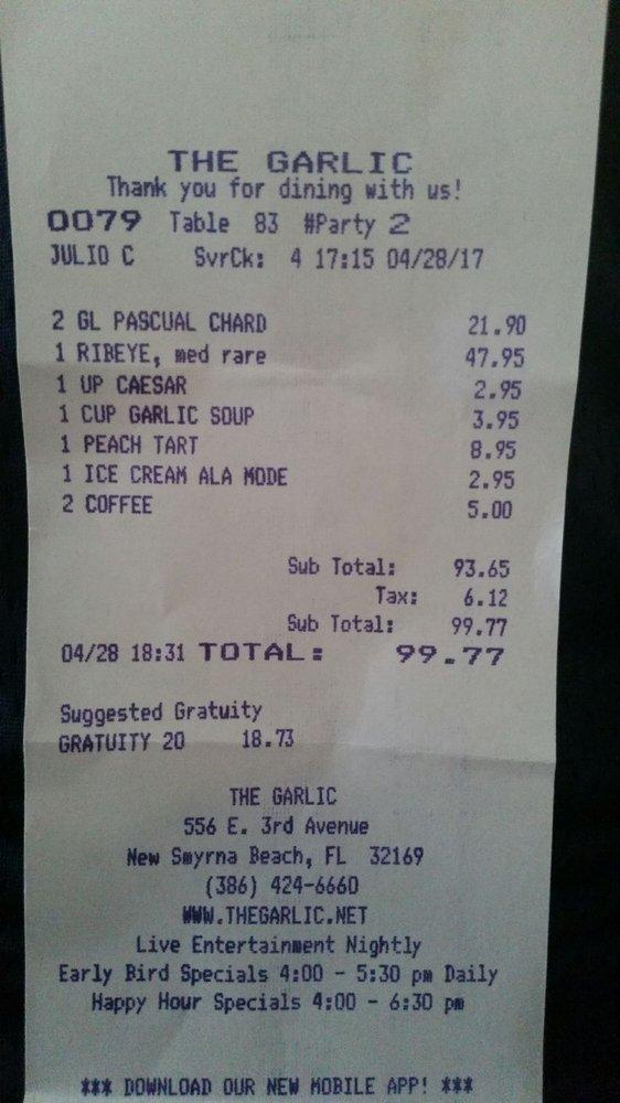 Menu at The Garlic restaurant, New Smyrna Beach, 556 E 3rd Ave