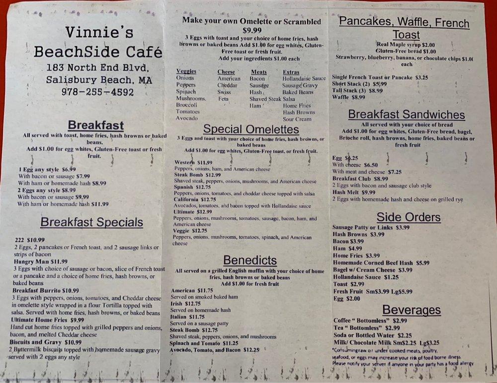 Menu at Vinnie's Beachside Café restaurant, Salisbury