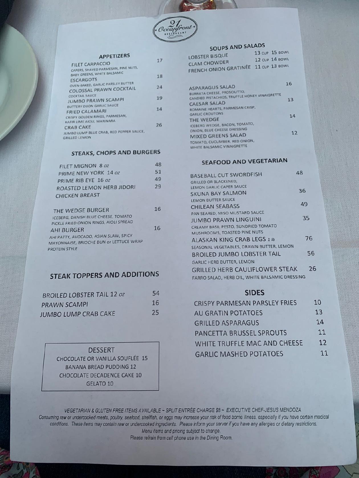 Menu at 21 Oceanfront pub & bar, Newport Beach
