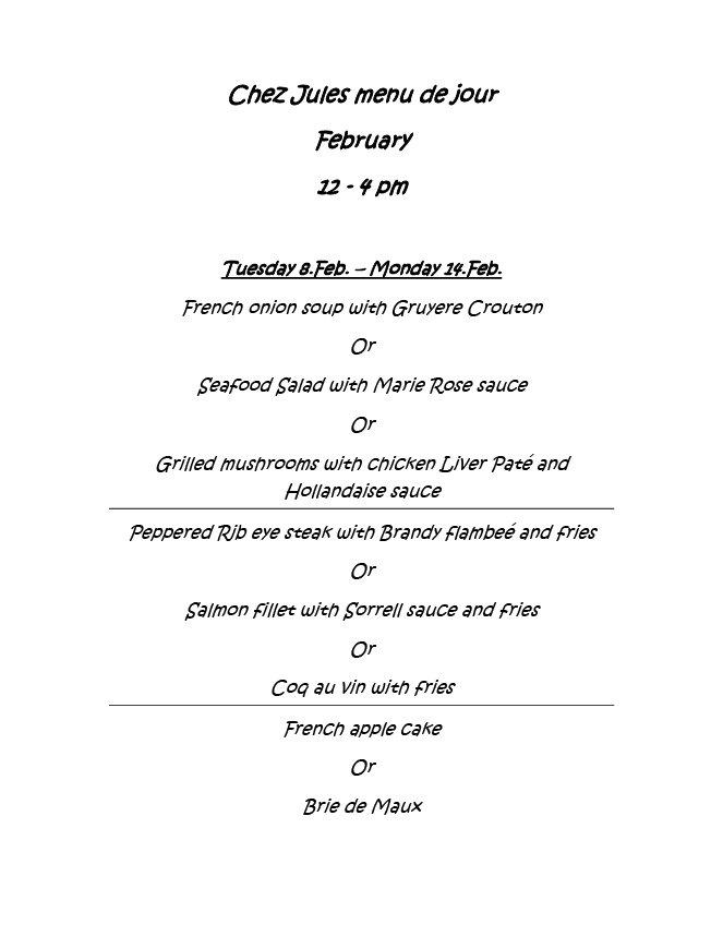 Menu at Chez Jules restaurant, Edinburgh, 109 Hanover St