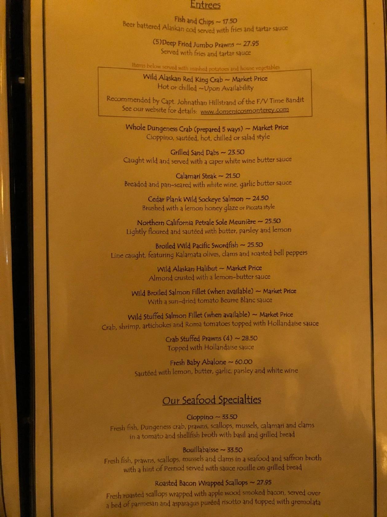 Menu at Domenico's on the Wharf restaurant, Monterey