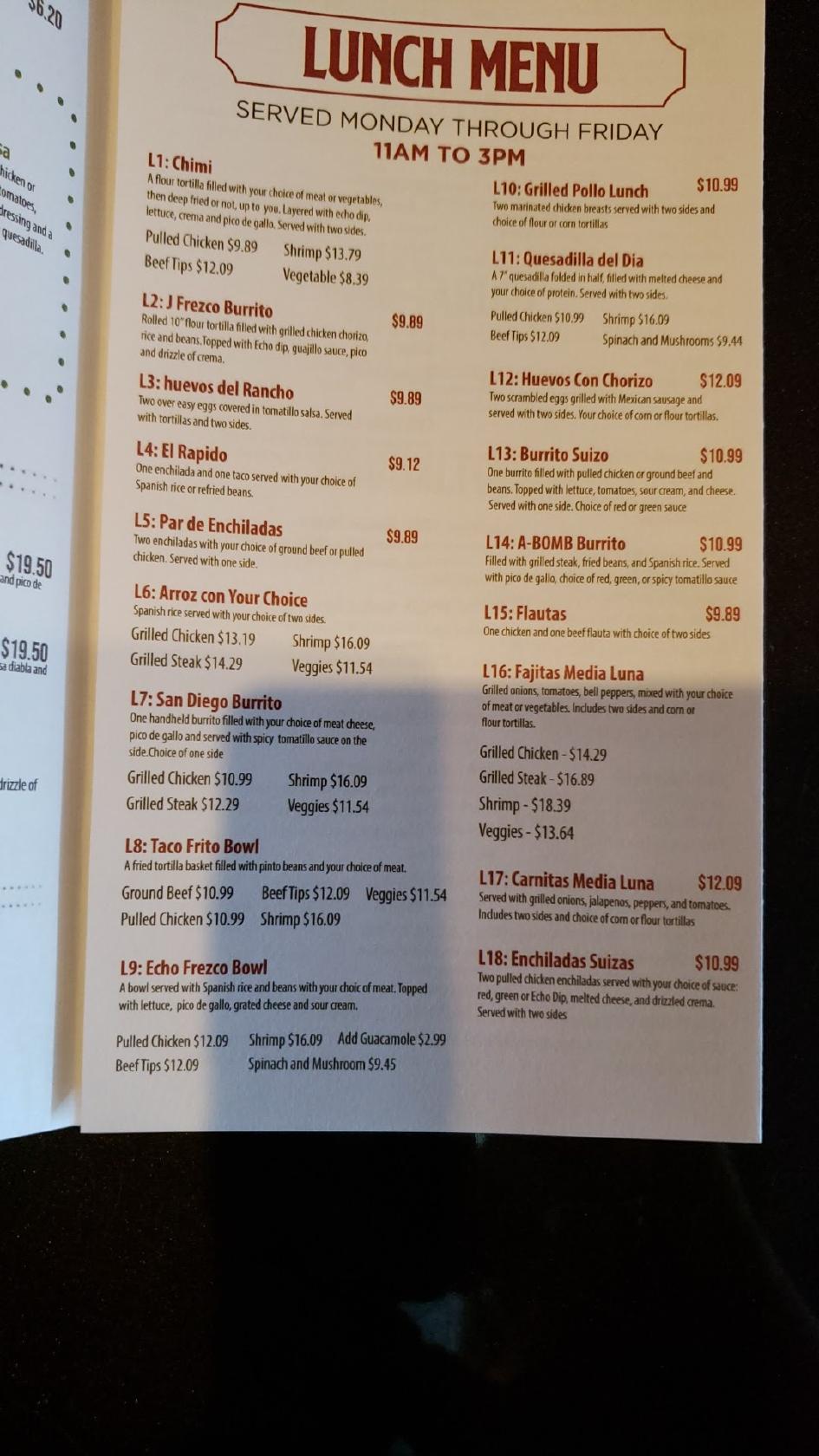 Menu at Echo Frezco restaurant, Forest Hill