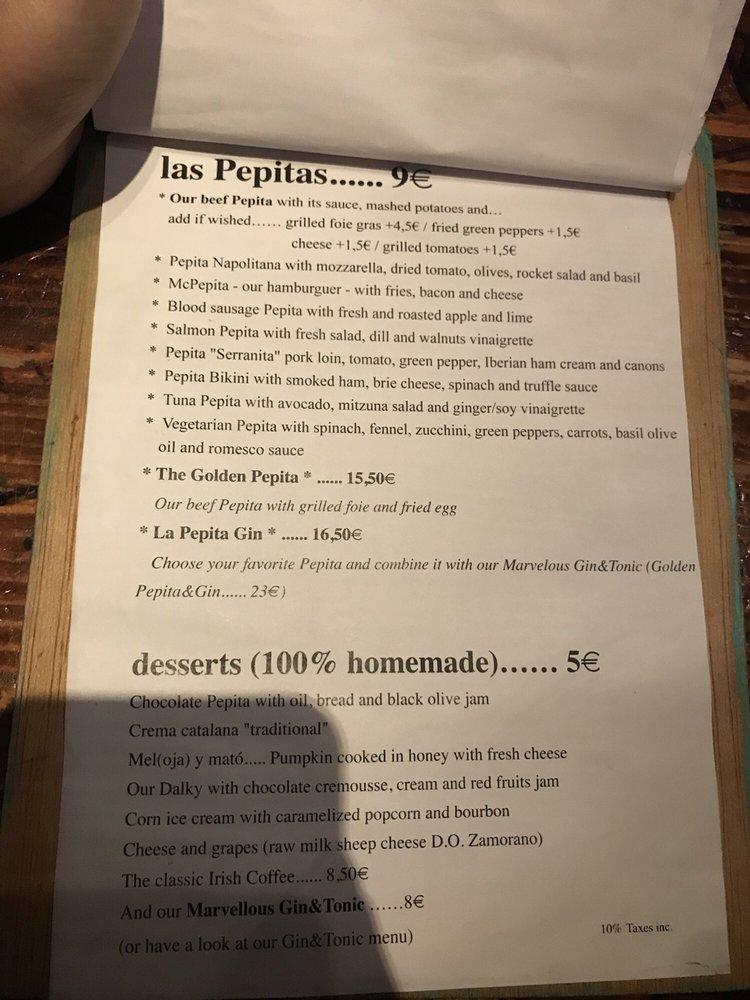 Menu at La Pepita pub & bar, Barcelona, C/ de Còrsega