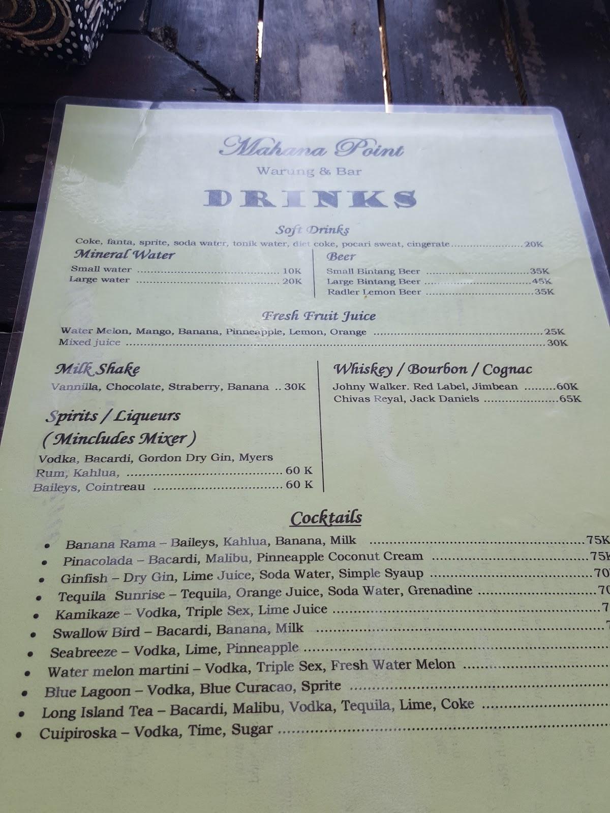 Menu at Mahana Point (Surf Place) pub & bar, Lembongan